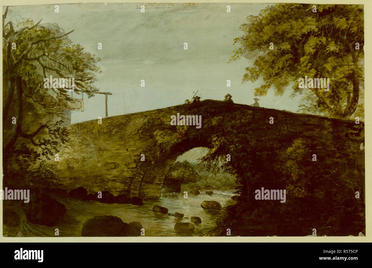 Figures standing on Ivy Bridge; a tavern sign to the left; the River ...