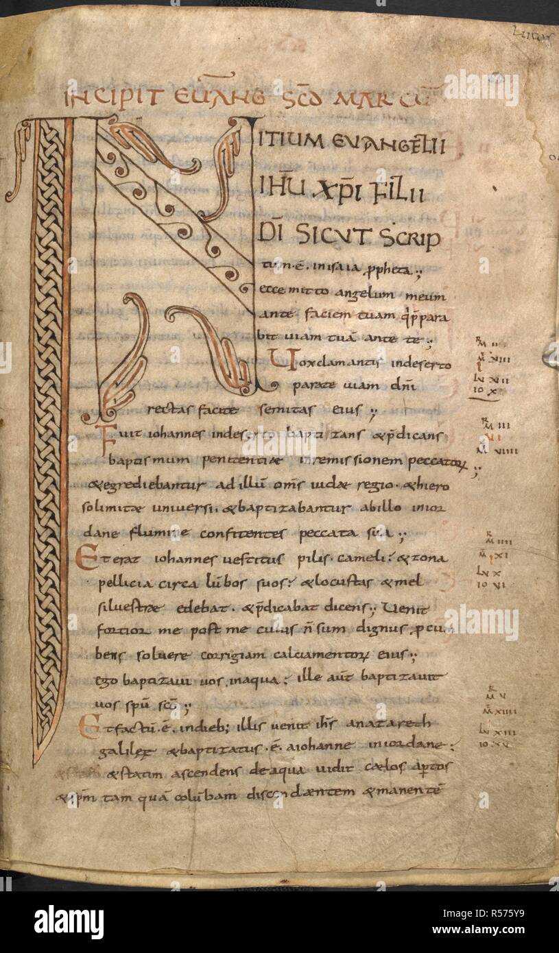 The beginning of the Gospel of Mark. The first word, 'Initium ...