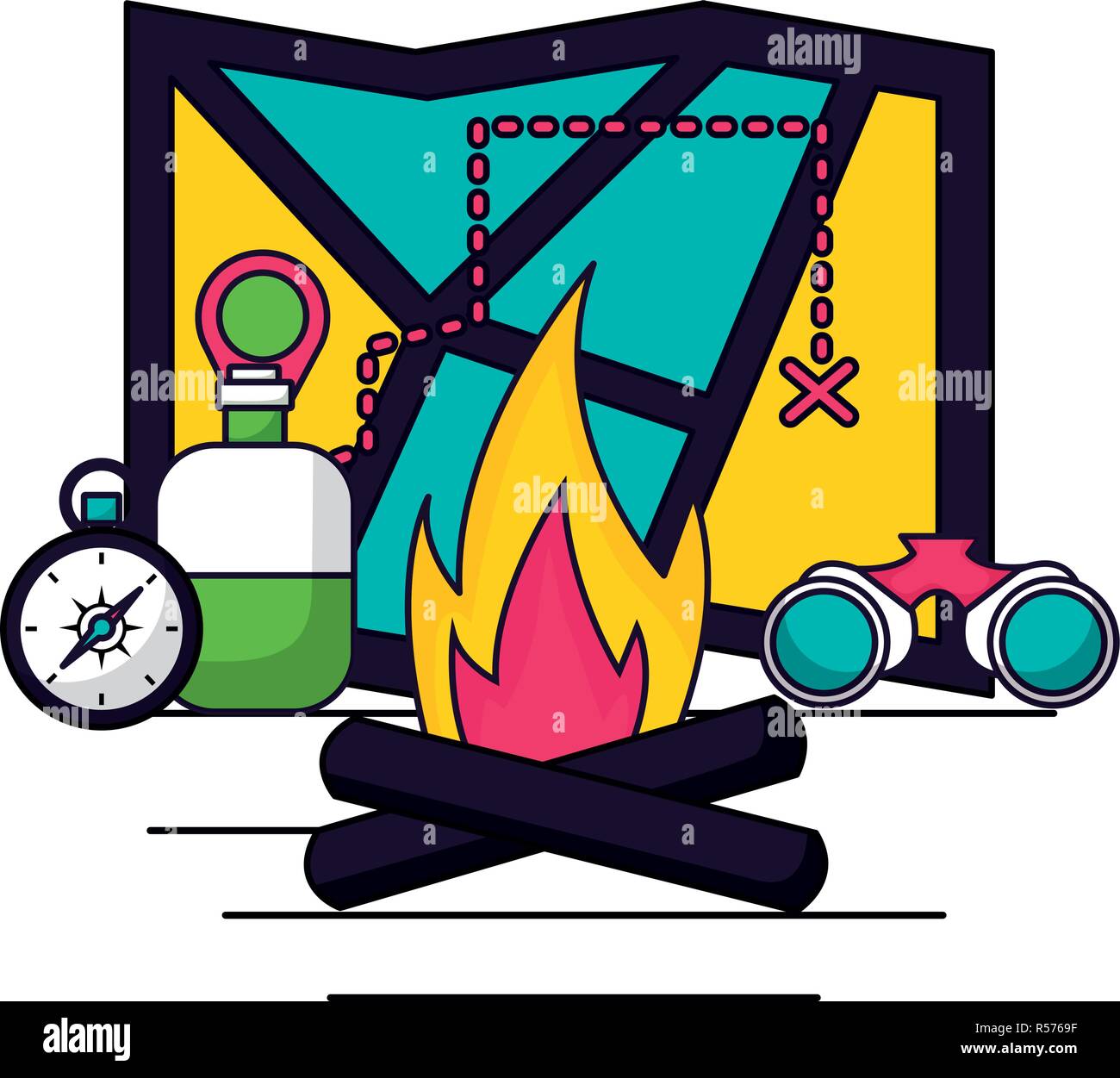 map campfire compass binoculars camping summer vector illustration ...