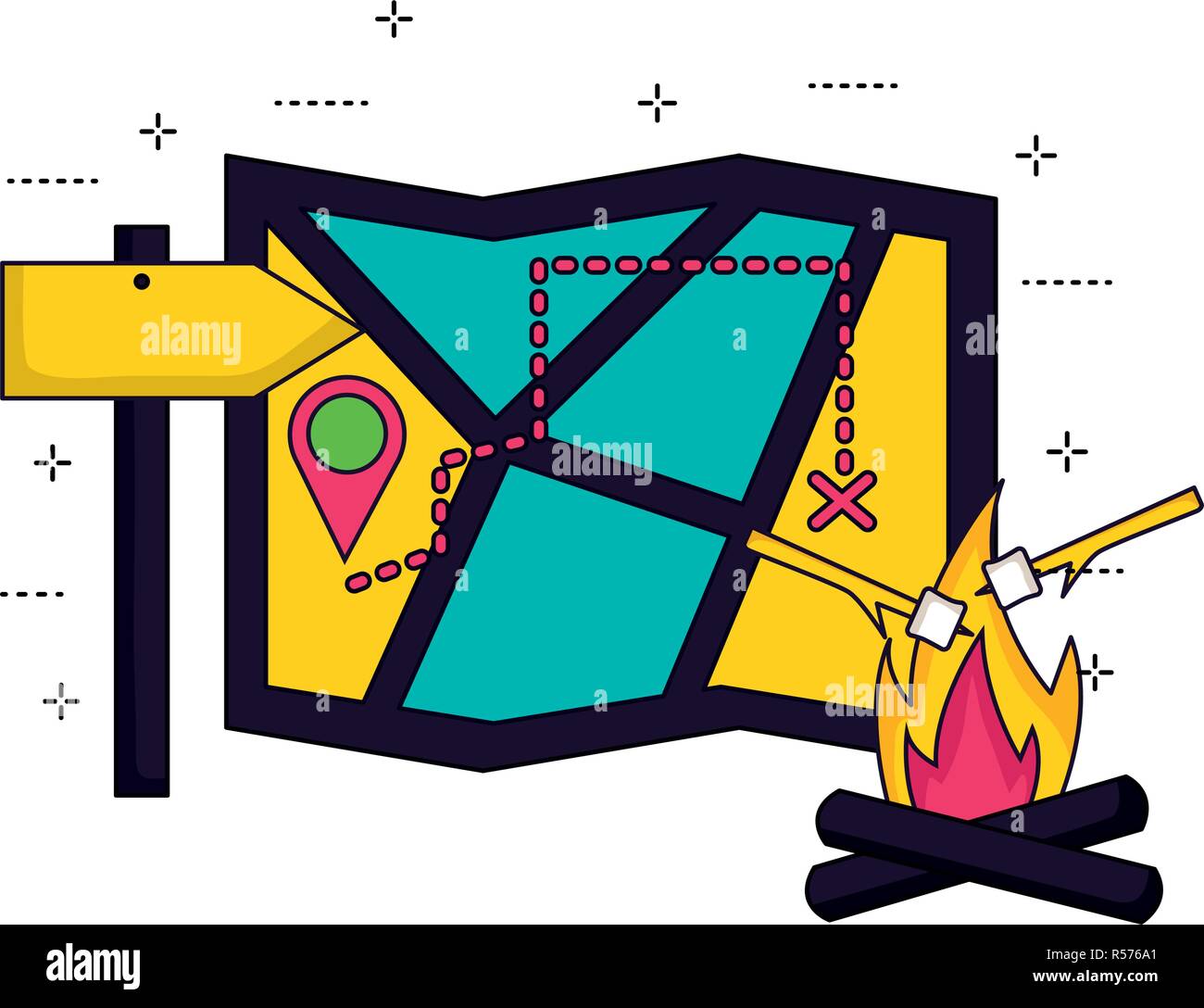 map location bonfire and arrow guide camping summer vector illustration ...