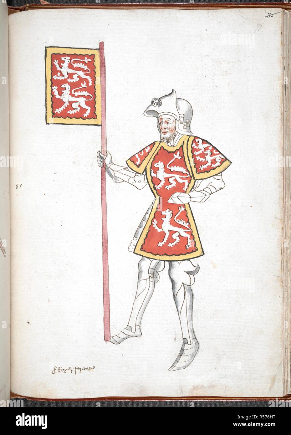 Knight, in armour and tabard, holding a sword and a standard with ...