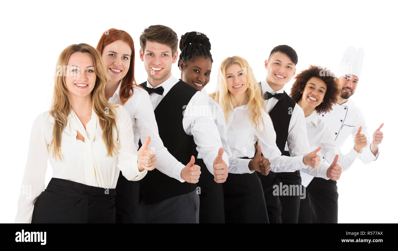 Confident Restaurant Staff Gesturing Thumbs Up Stock Photo - Alamy