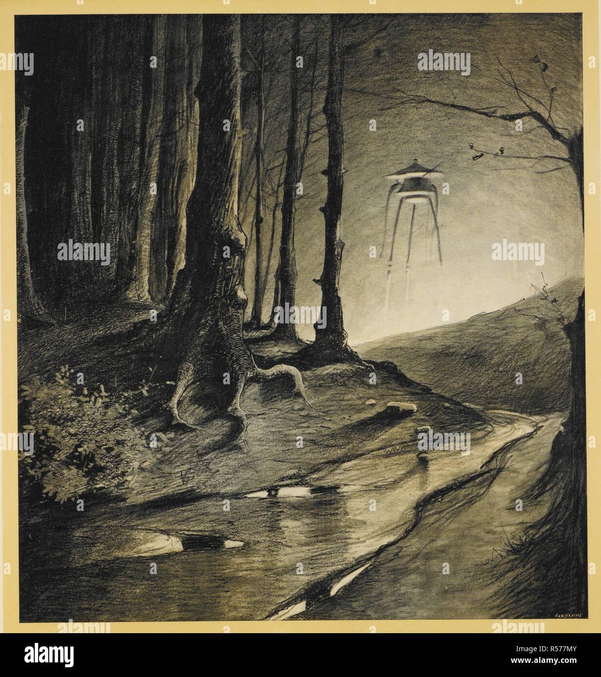 A tripod in the woods. Dead birds in a stream. Illustration from 'war ...