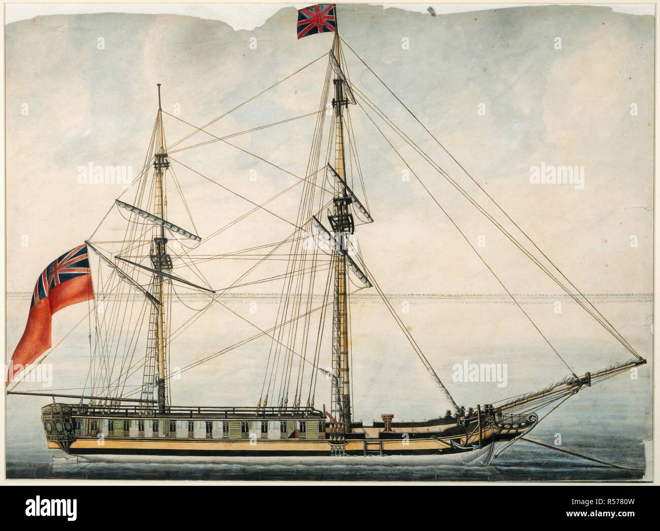 A pinnace budgerow. c.1800. A pinnace budgerow, flying the red ensign ...