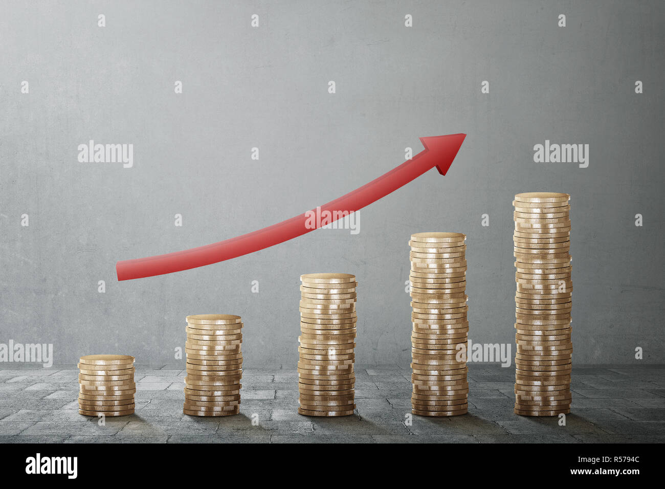 Coin stack with red arrow chart rise Stock Photo - Alamy