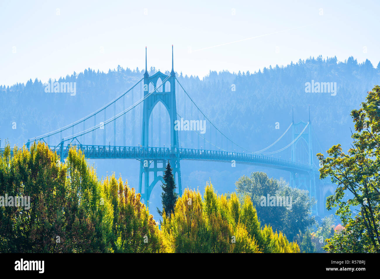 Popular gothic St Johns bridge with haze across the Willamette River in ...