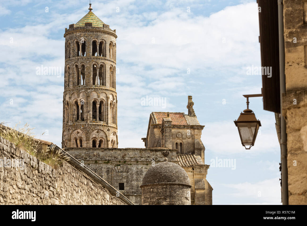the romanesque bell tower of the church in uzes,southern france Stock ...