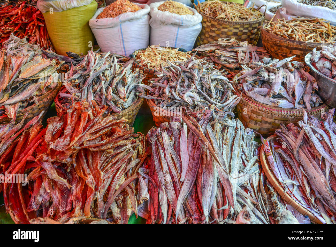 Traditional Asian fish market, stall full of dried seafood in Taunggyi ...