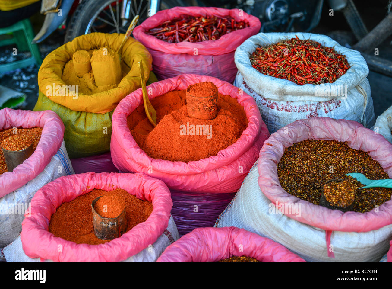 Colored spices at local market in Yangon, Myanmar Stock Photo - Alamy