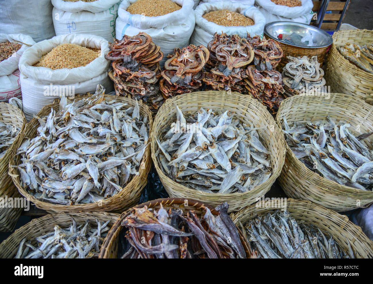 Traditional Asian fish market, stall full of dried seafood in Taunggyi ...