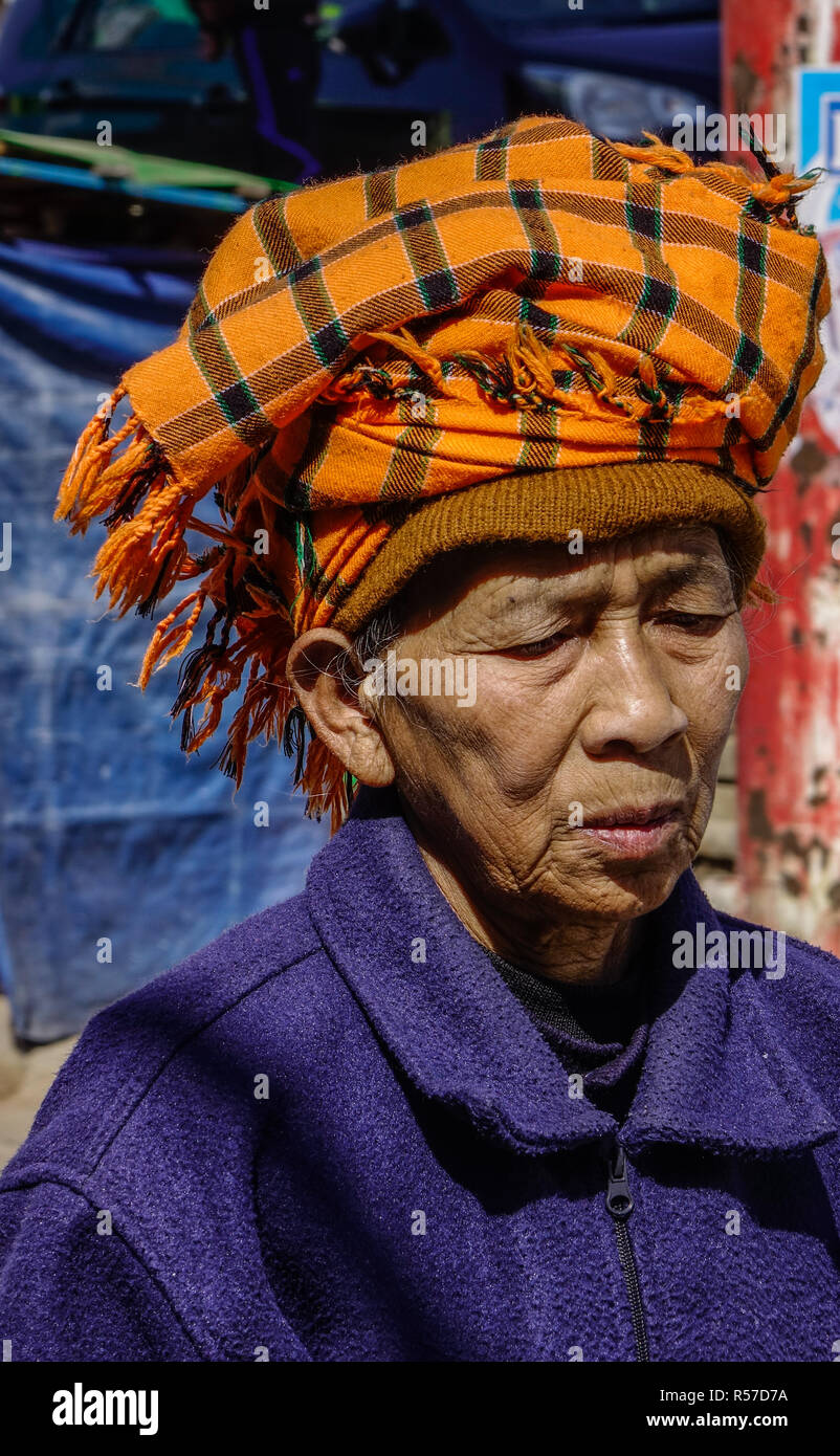 Taunggyi, Myanmar - Feb 8, 2018. Portrait of old woman in Taunggyi ...