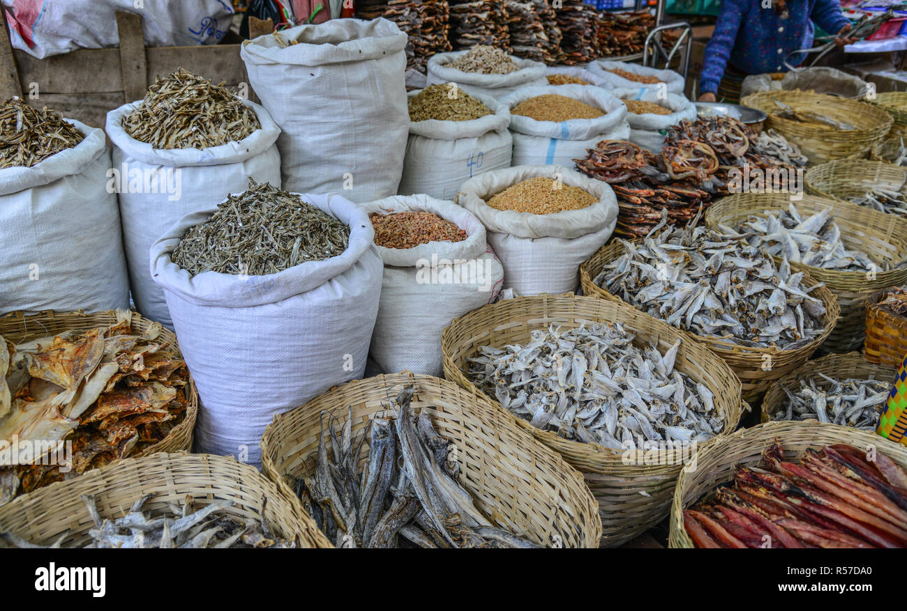 Traditional Asian fish market, stall full of dried seafood in Taunggyi ...