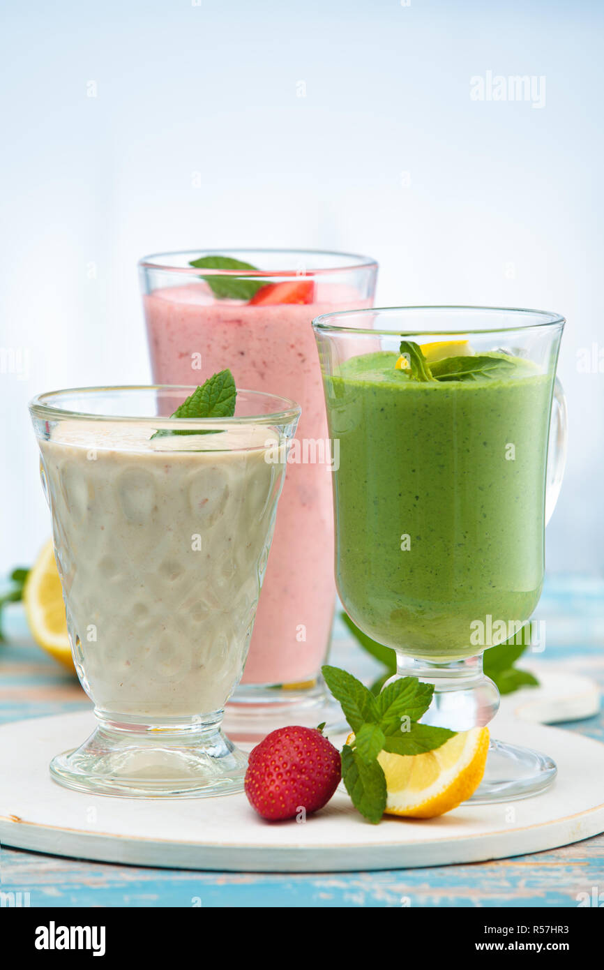 Different milkshakes on the table Stock Photo - Alamy