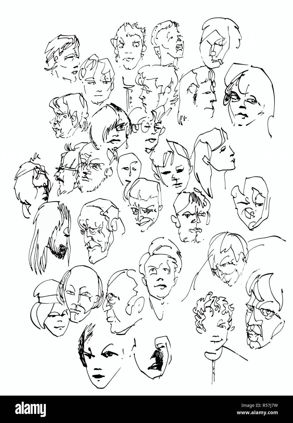 Different And Similar Faces - it is abstract black-white drawing Stock ...