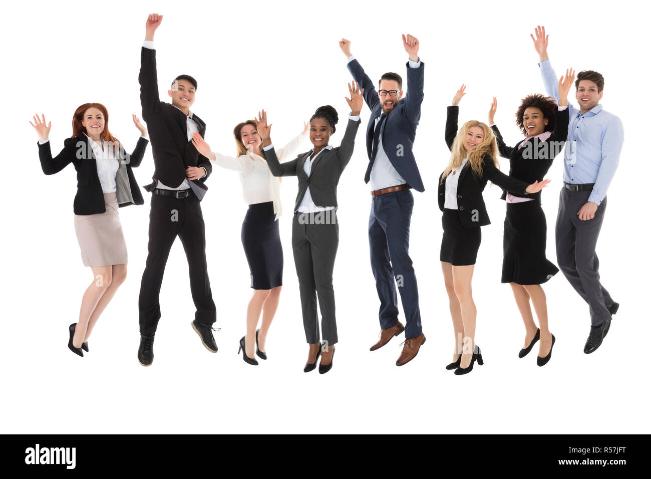 Excited Businesspeople Raising Their Hands Stock Photo - Alamy