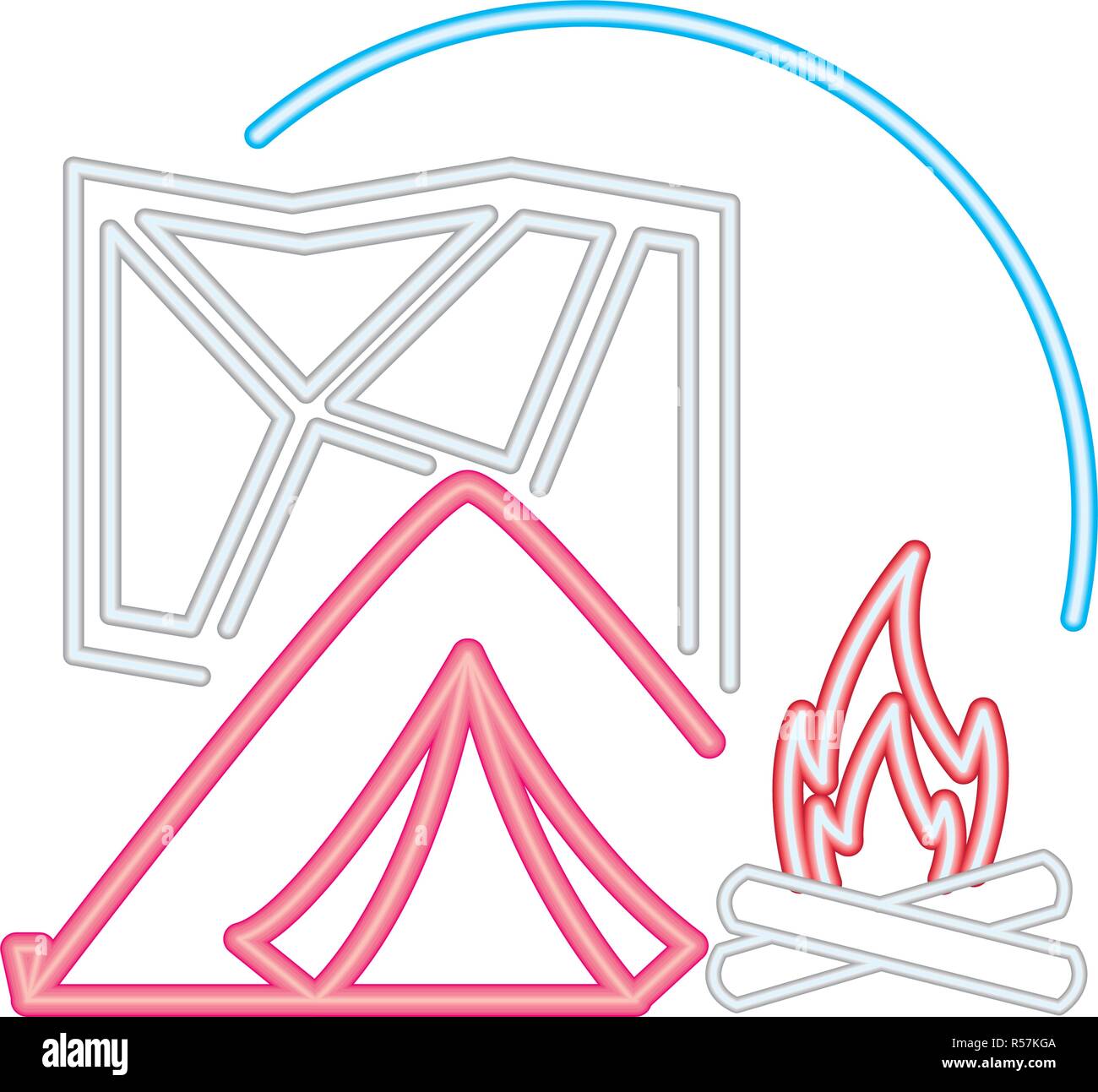 tent bonfire and map camping neon vector illustration Stock Vector ...
