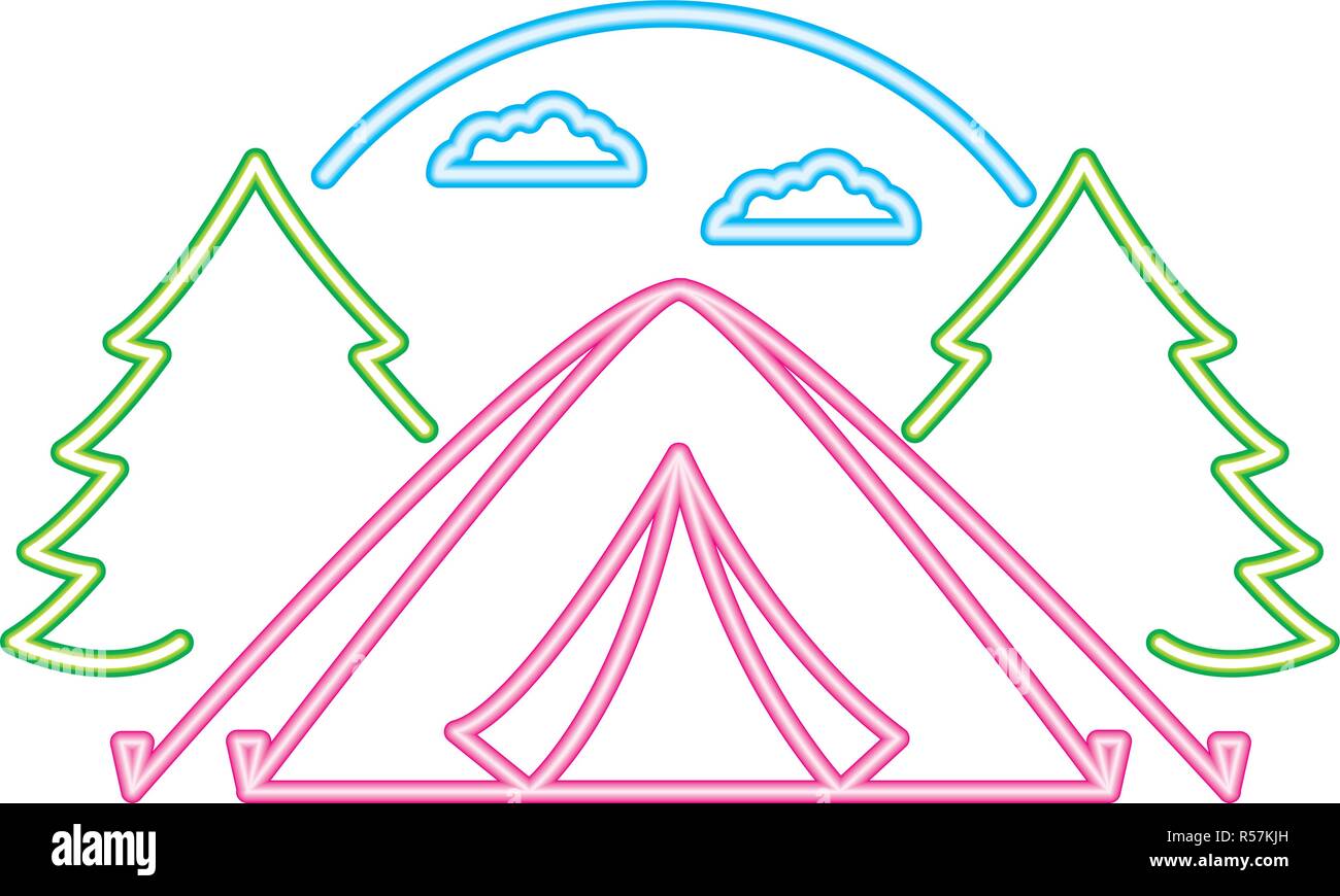 tent and forest trees camping neon vector illustration Stock Vector ...