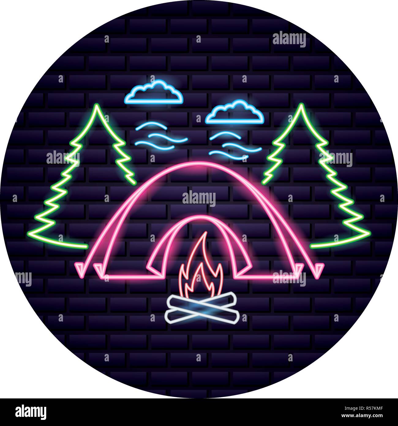 tent and forest trees camping neon vector illustration Stock Vector ...