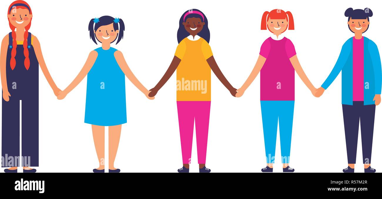 happy smiling girls holding hands vector illustration Stock Vector ...