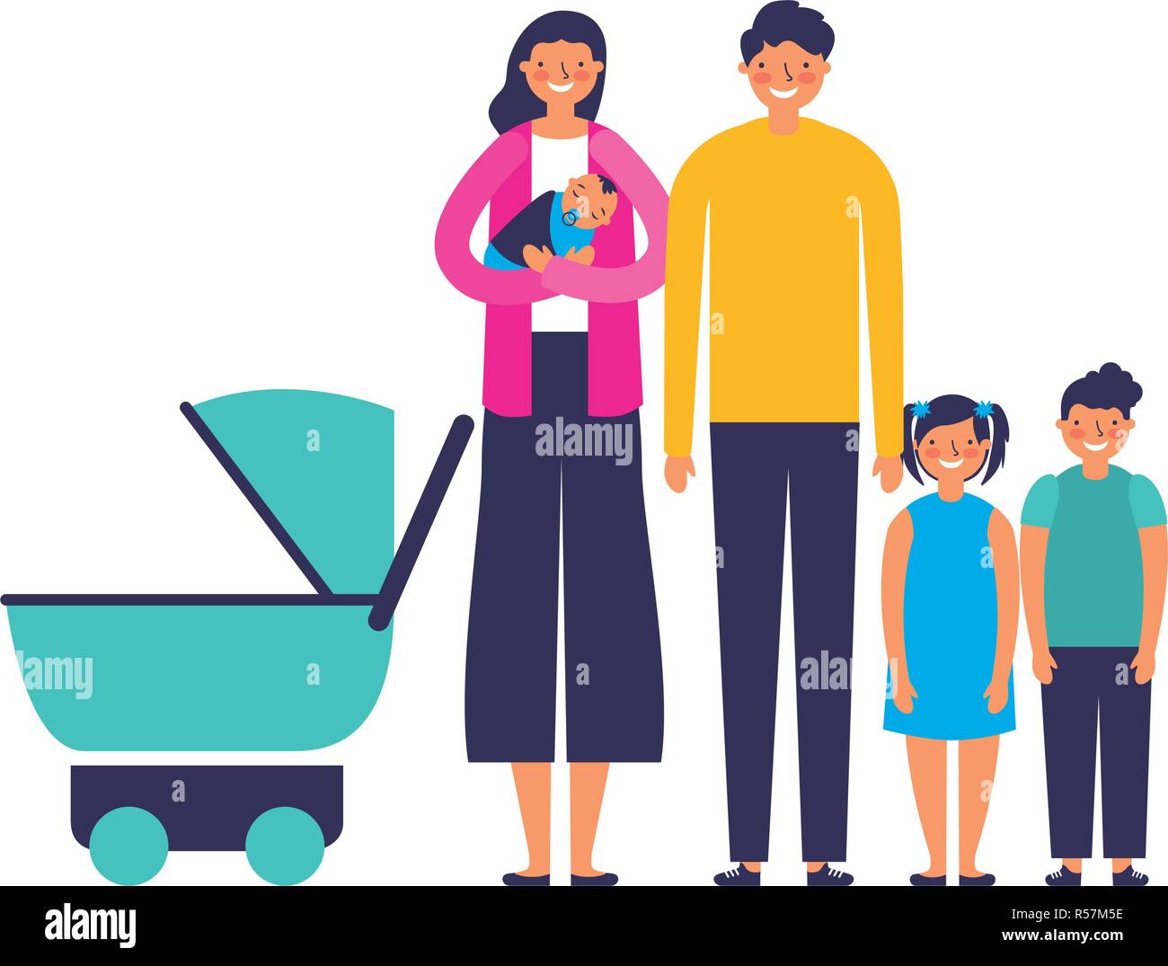 family parents kids and baby pram vector illustration Stock Vector ...