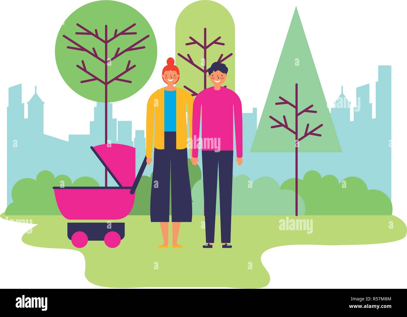 parents with baby pram family in the park vector illustration Stock ...