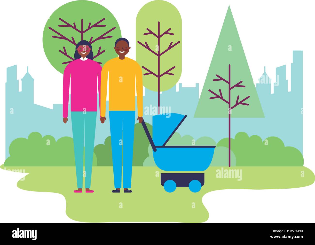 parents with baby pram family in the park vector illustration Stock ...