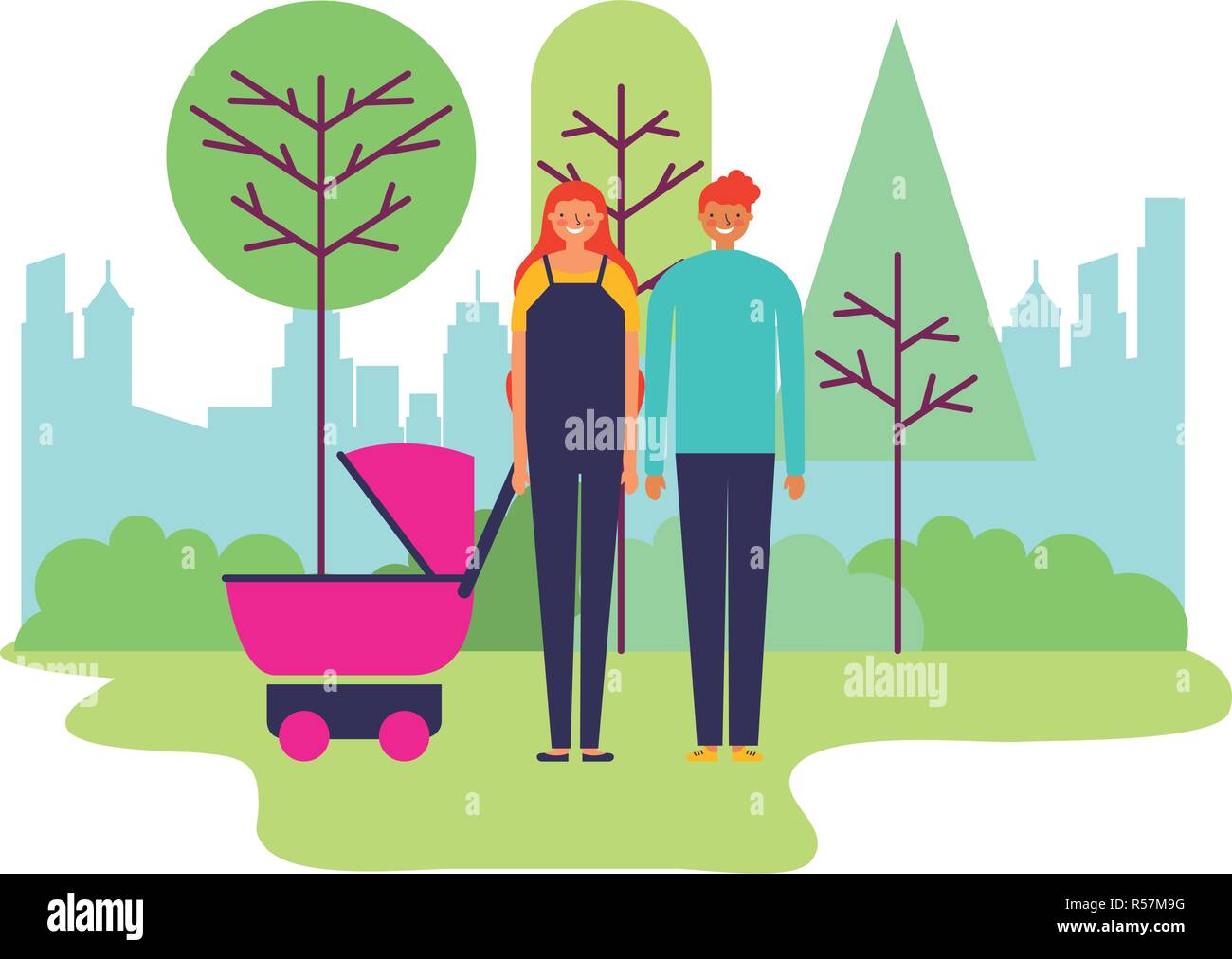 parents with baby pram family in the park vector illustration Stock ...