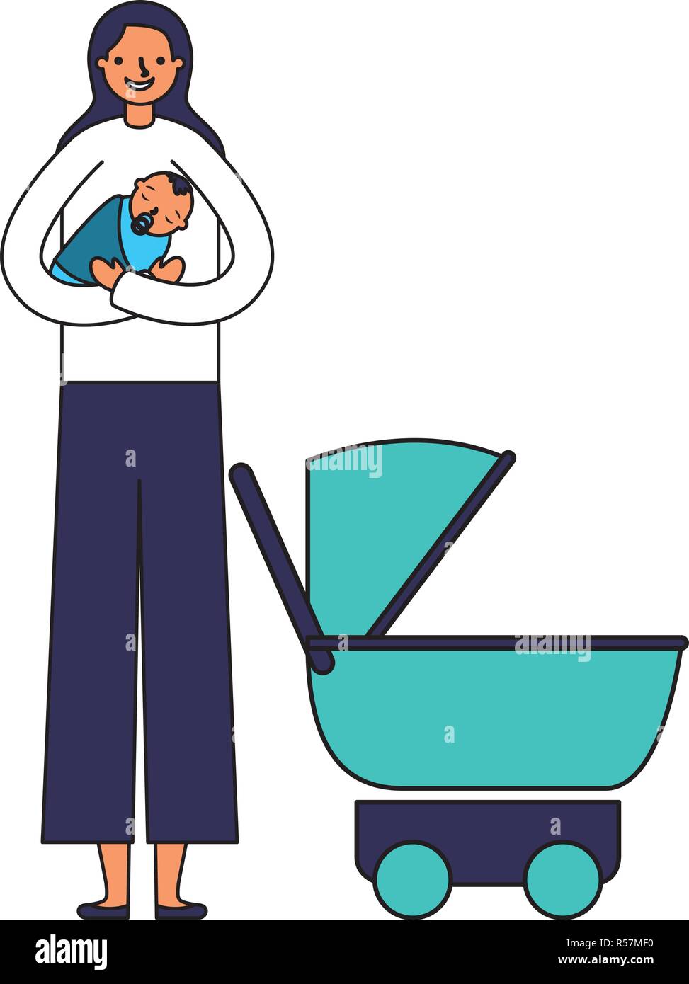 mother carrying her baby boy and stroller vector illustration Stock ...