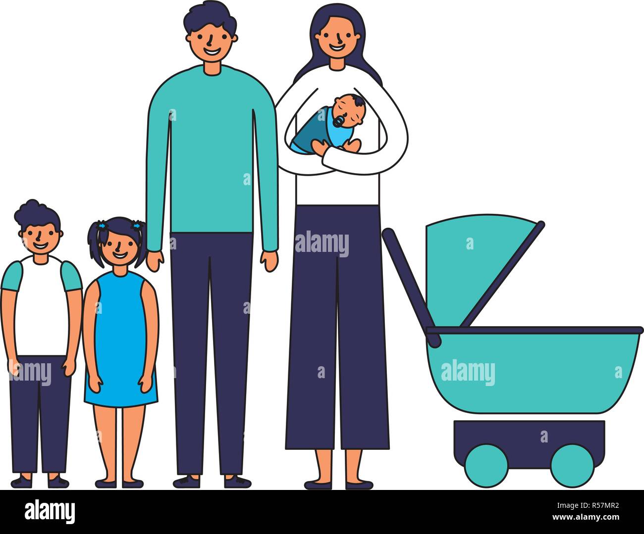 family parents kids and baby pram vector illustration Stock Vector ...