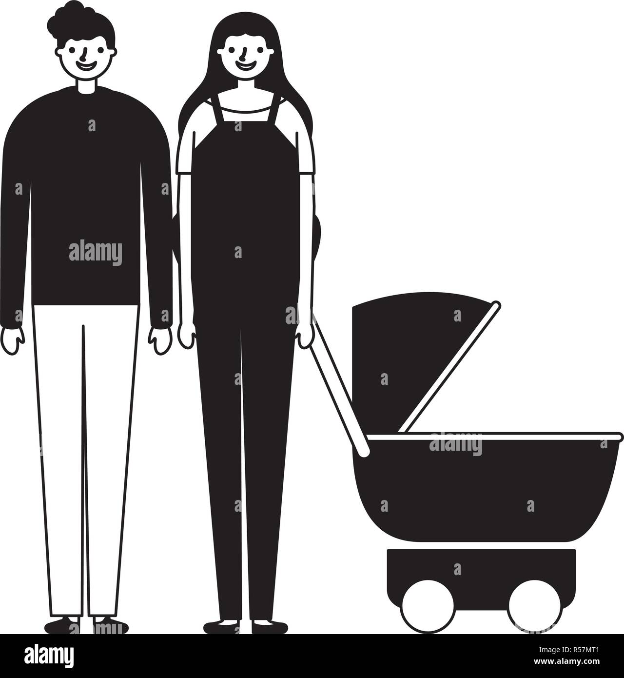 parents with baby pram family vector illustration monochrome Stock ...