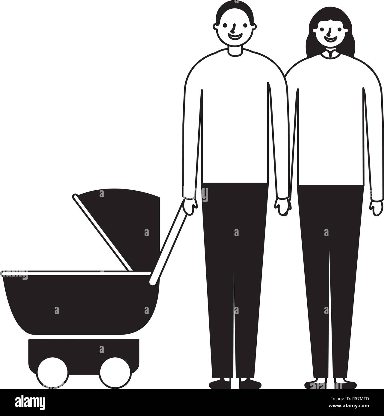 parents with baby pram family vector illustration monochrome Stock ...
