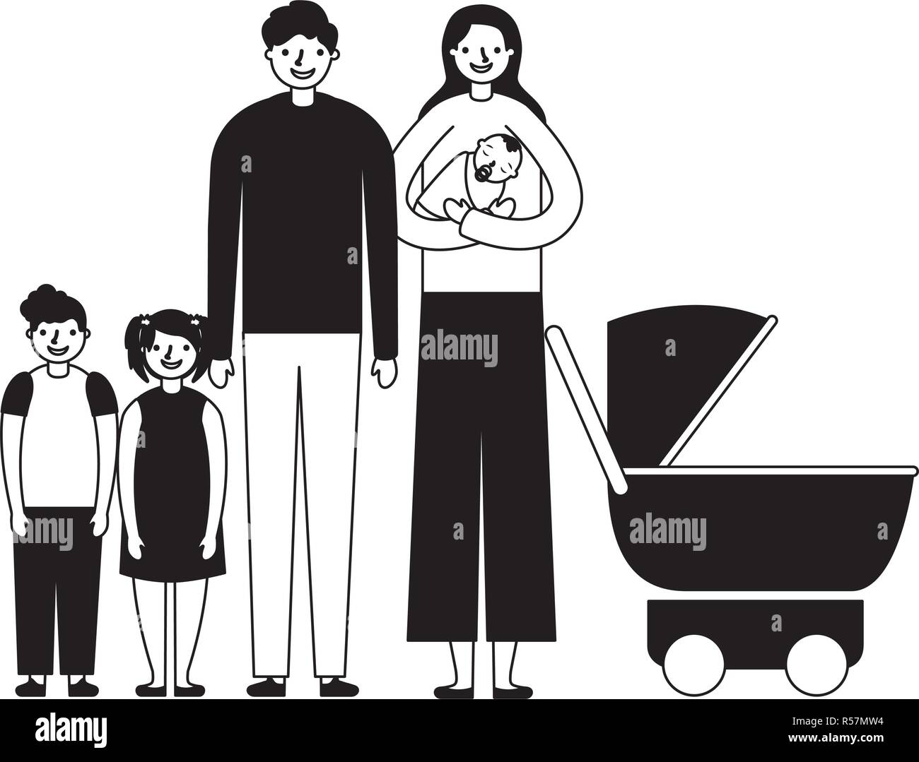 family parents kids and baby pram vector illustration monochrome Stock ...