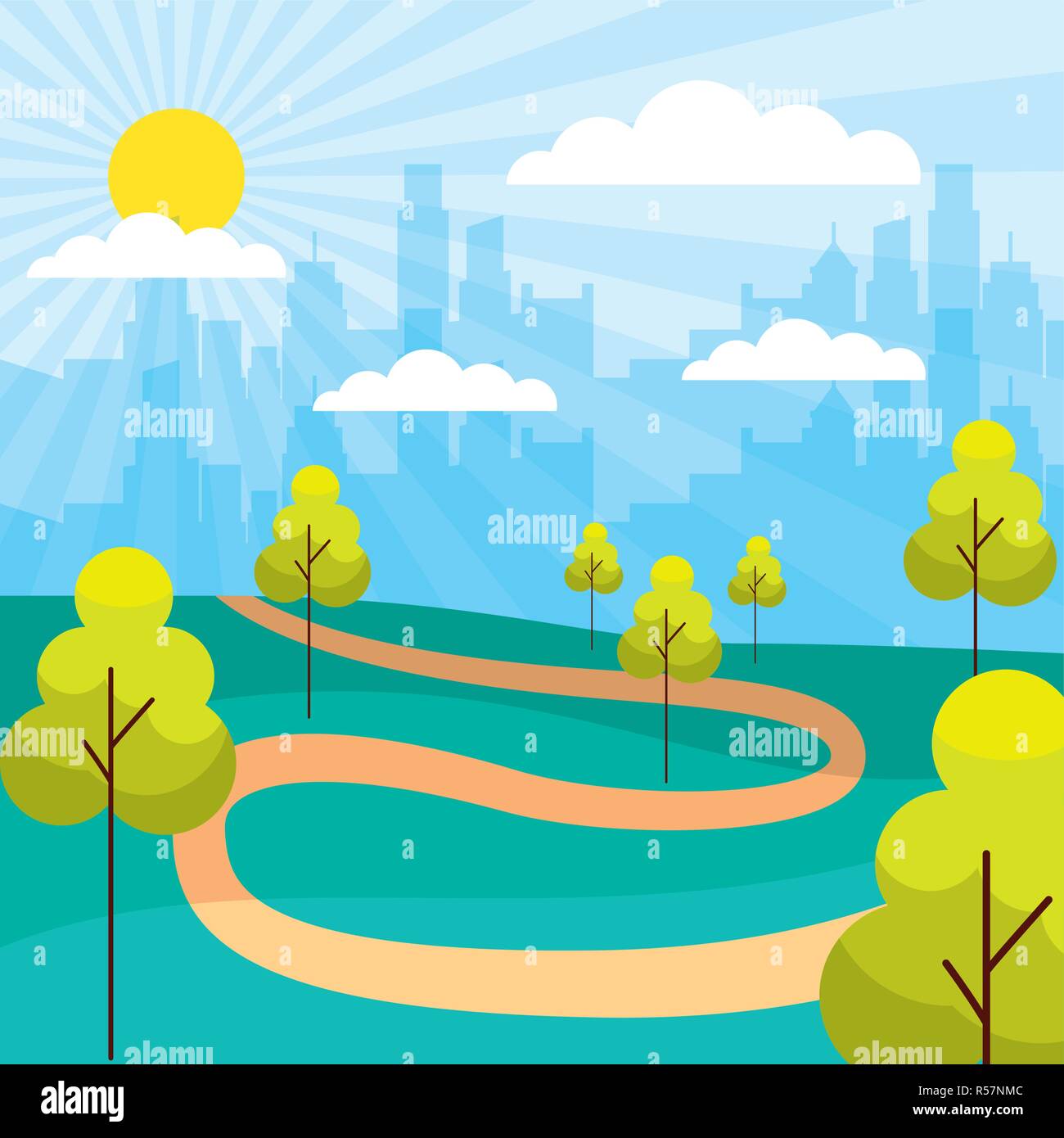 cityscape buildings park trees path vector illustration Stock Vector ...