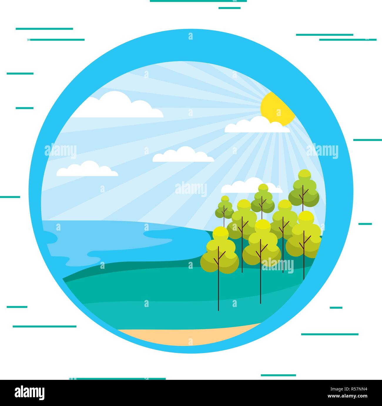 ocean shore trees sunny day scenery vector illustration Stock Vector ...