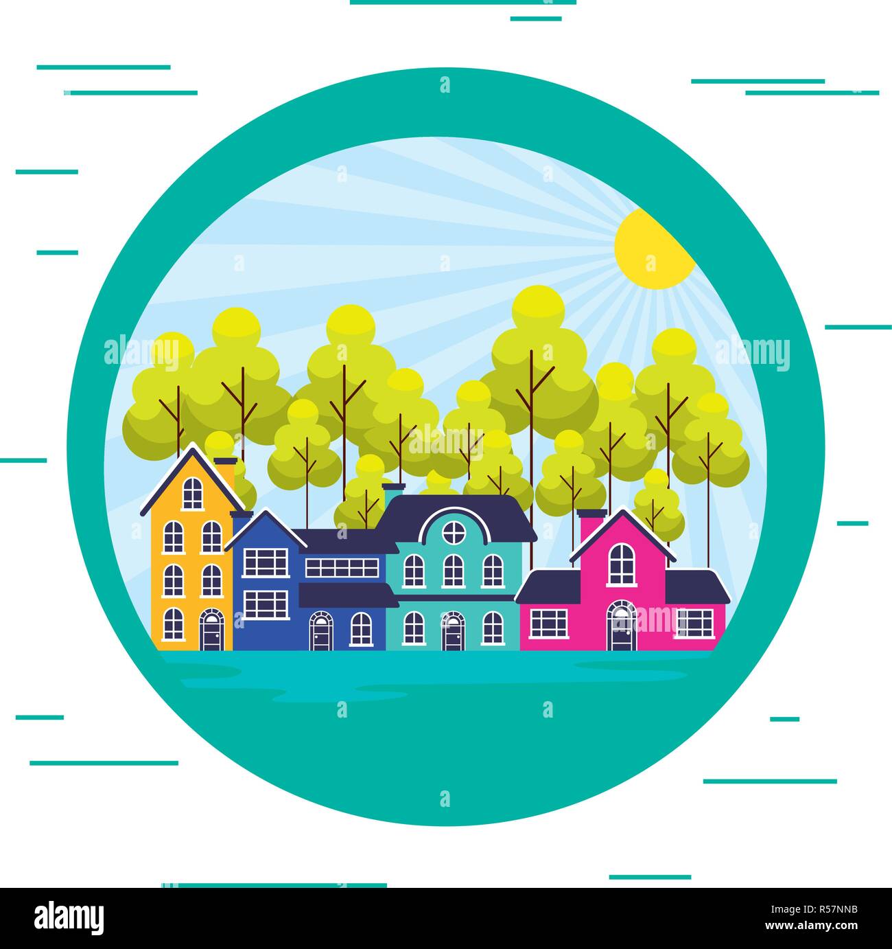 suburban neighborhood landscape sticker vector illustration Stock ...