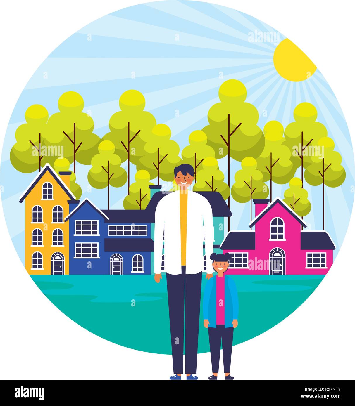 father and son suburban neighborhood landscape vector illustration ...