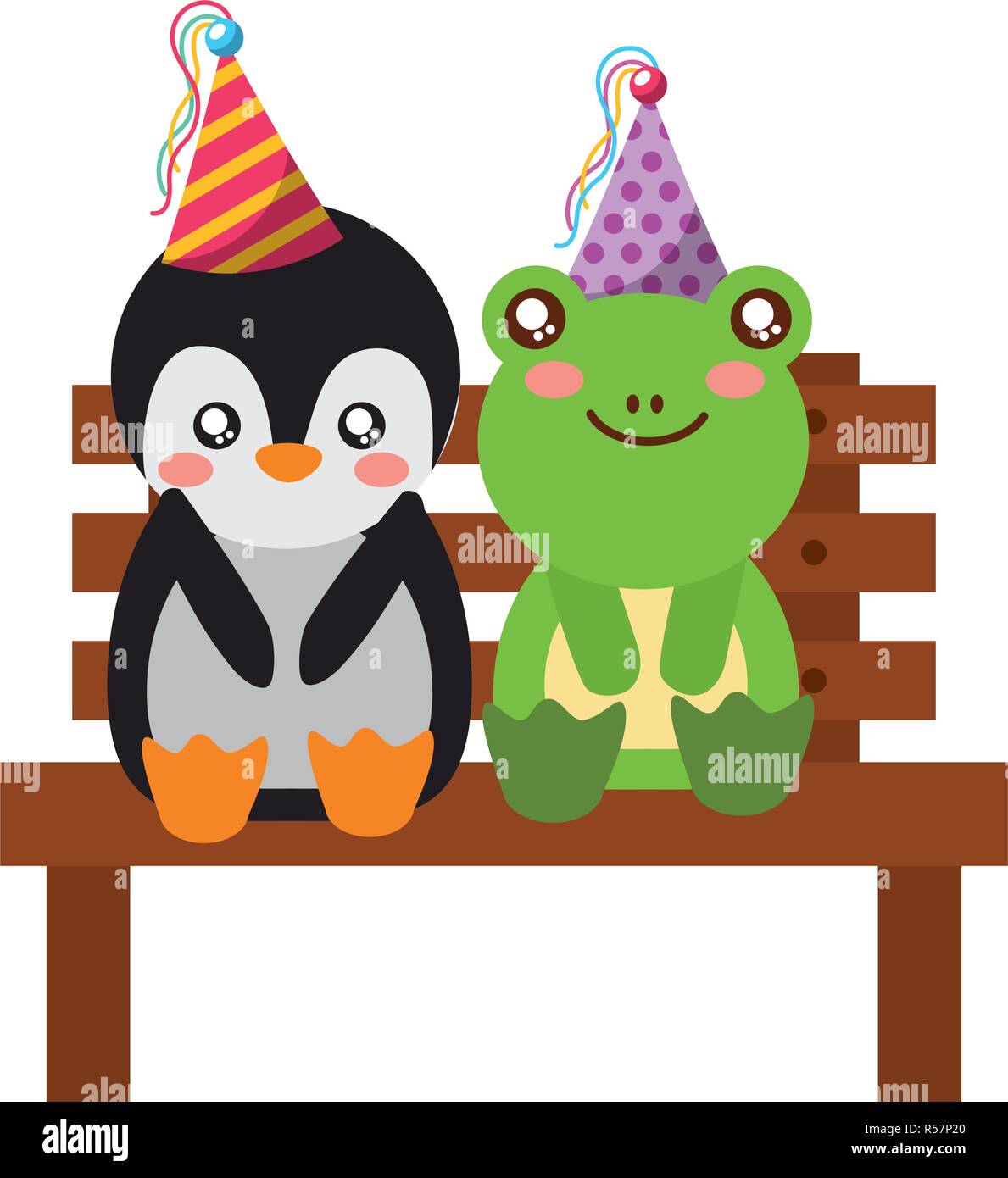 cute penguin and frog on bench happy birthday vector illustration Stock ...