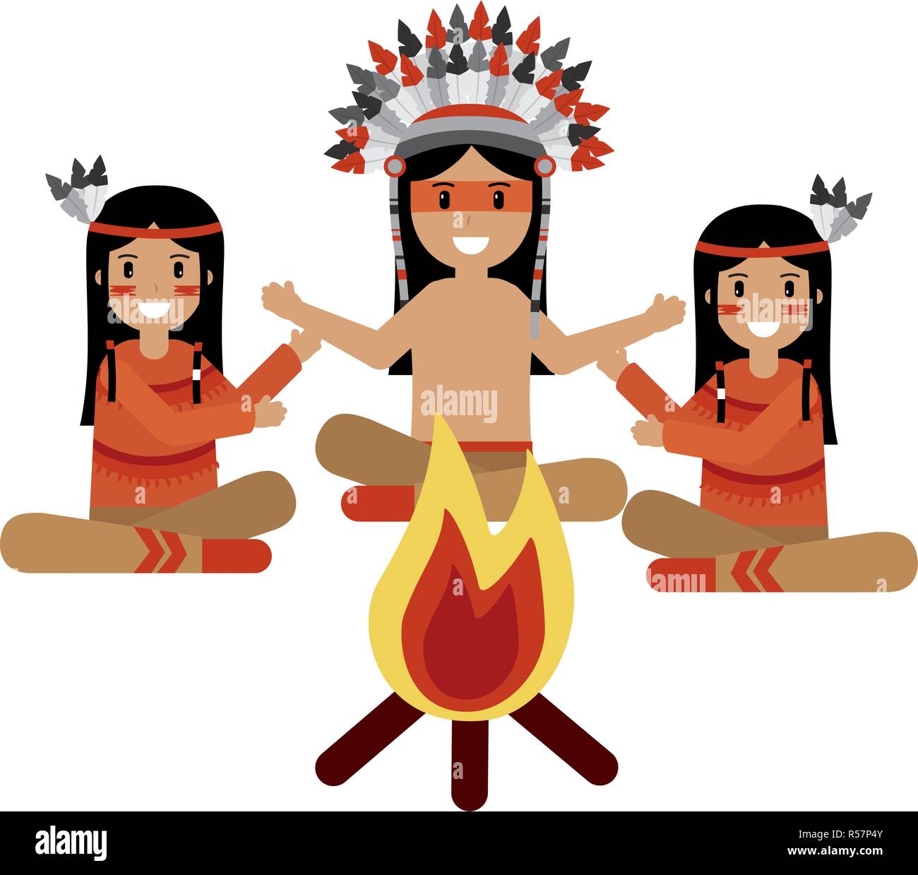 native american character group bonfire vector illustration Stock ...