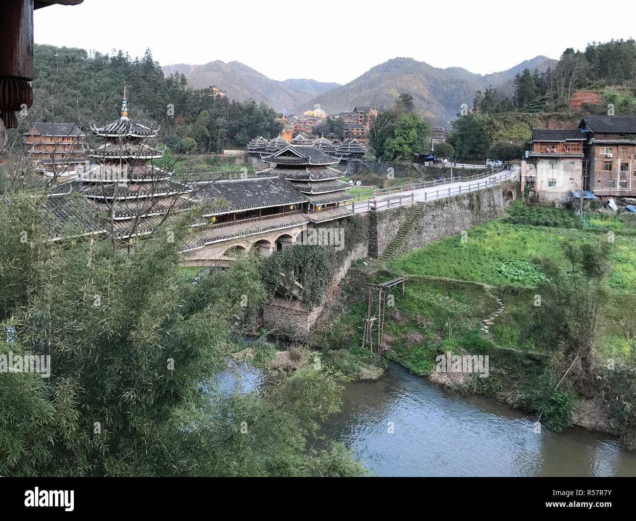 Wind and Rain Bridge over river in Chengyang Stock Photo - Alamy