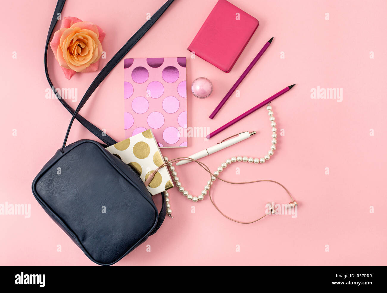 The top view of open woman bag Stock Photo - Alamy