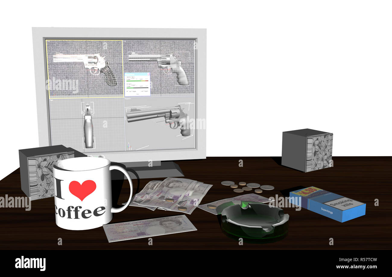 untidy computer desk isolated Stock Photo - Alamy