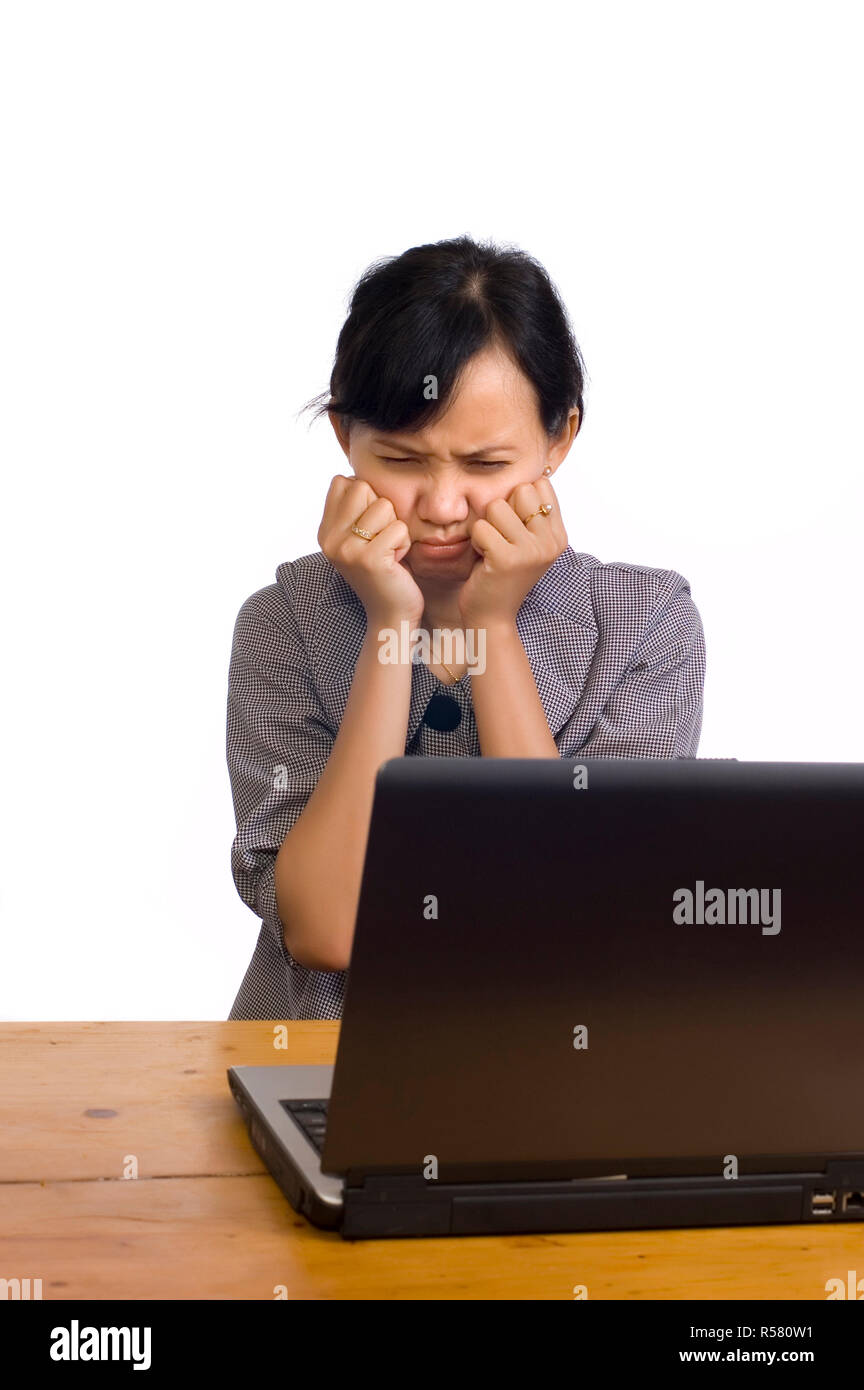 Business Woman Stress Using Laptop on White Background Stock Photo - Alamy