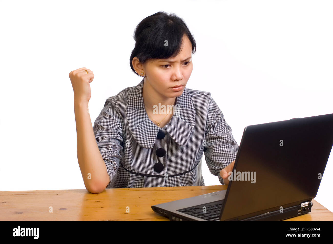 Business Woman Stress Using Laptop on White Background Stock Photo - Alamy