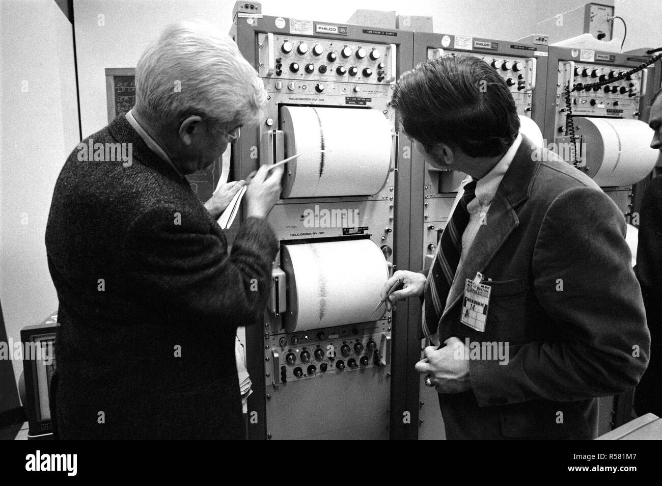 (4 Feb. 1971) --- These two individuals are examining a seismic reading ...