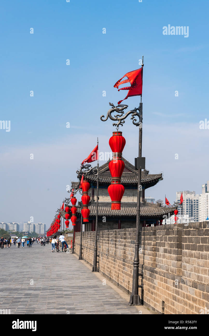 View of Xian city wall ramparts with modern city in background Stock ...