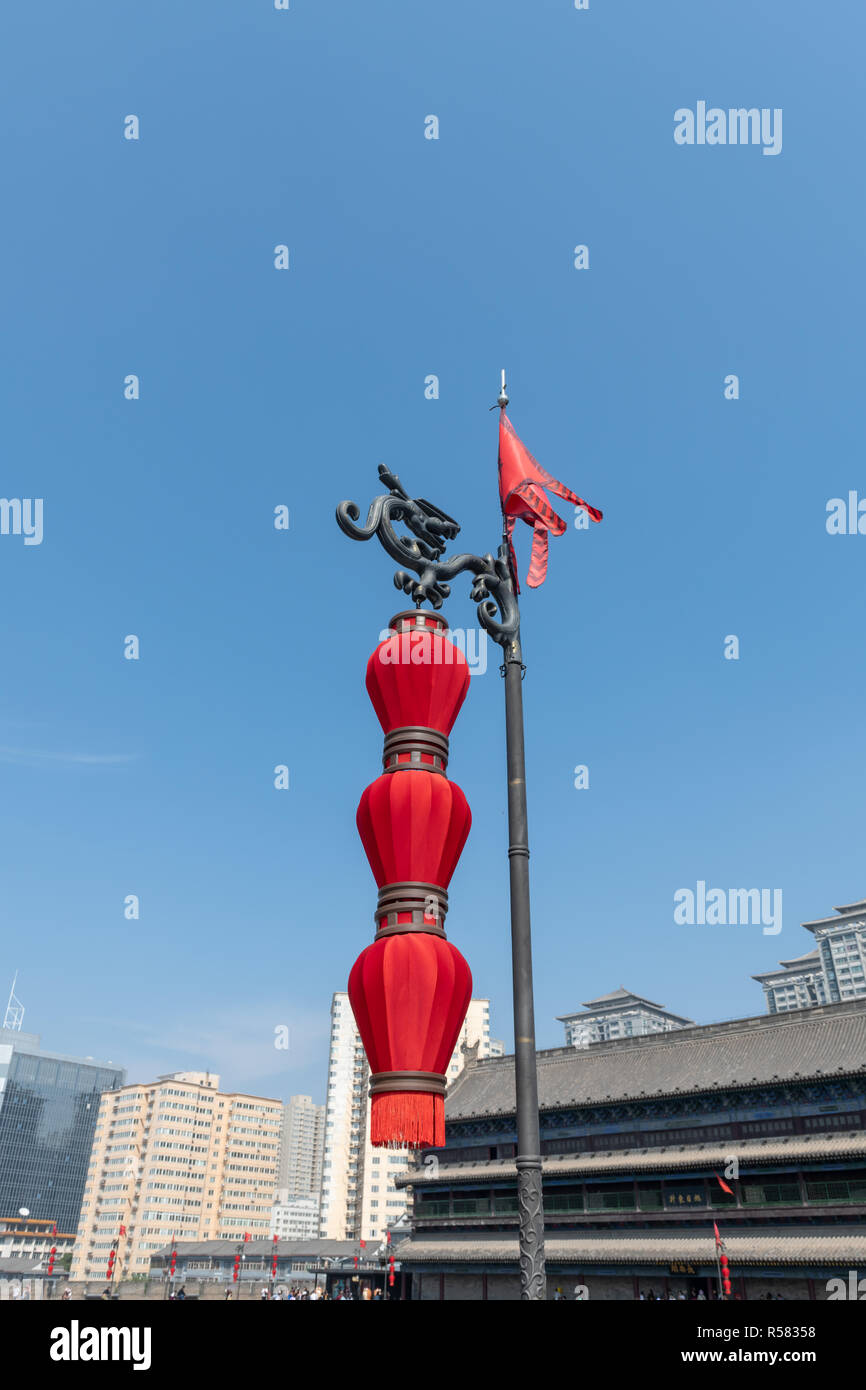 Lantern pole with red lanterns and flags - Xian- China Stock Photo - Alamy