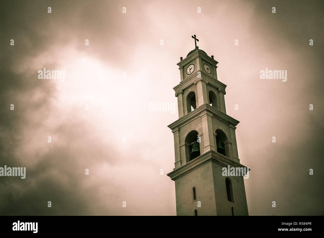 Scary church clock tower Stock Photo - Alamy