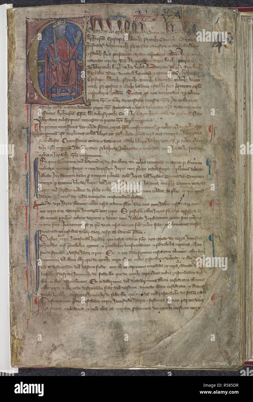 Historiated initial 'E'(dwardus) with King Edward I on his throne at ...