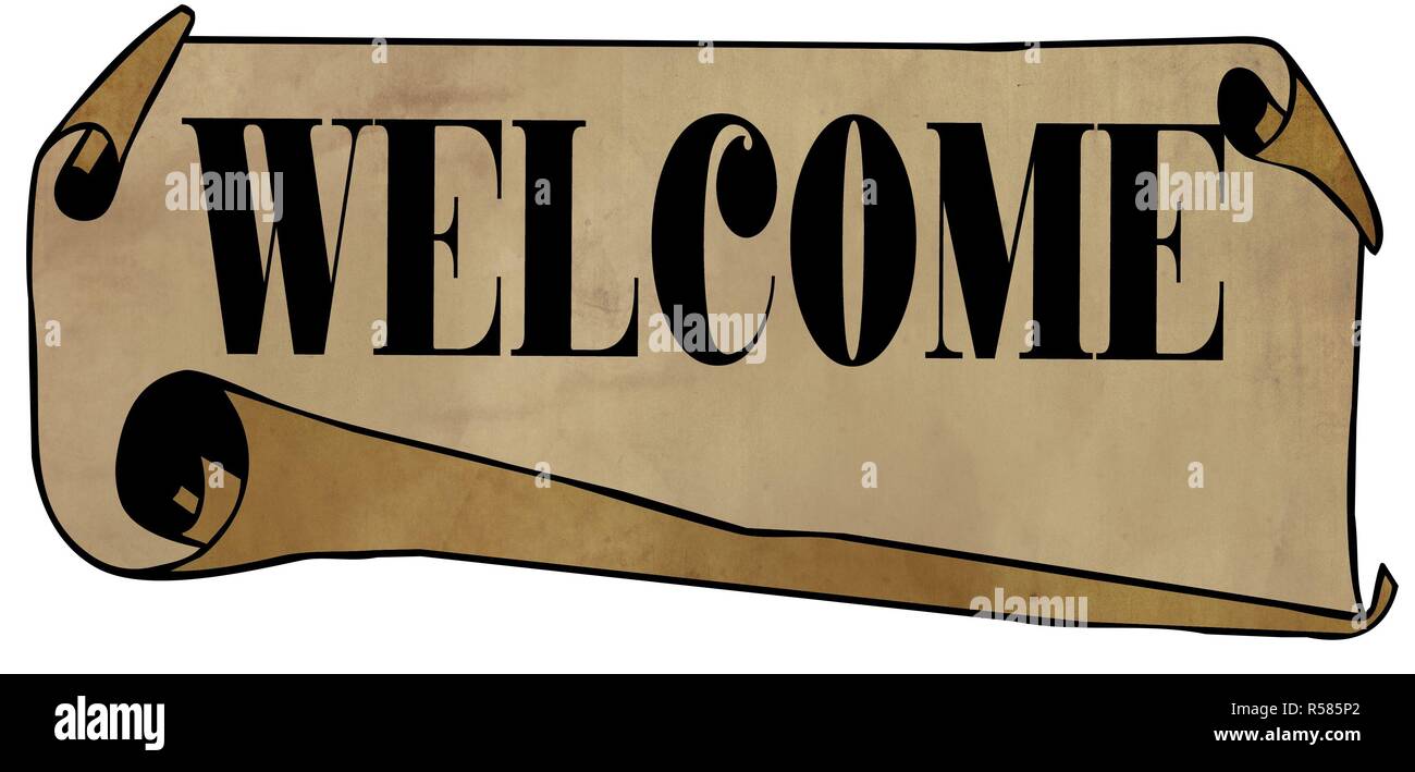 WELCOME on old rolled paper Stock Photo - Alamy