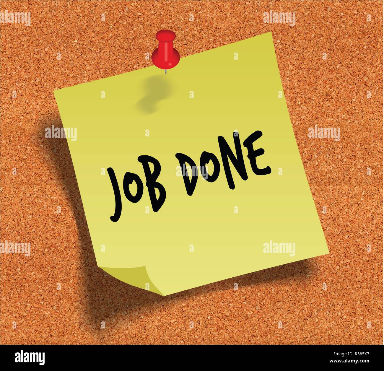 JOB DONE handwritten on yellow sticky paper note over cork noticeboard ...